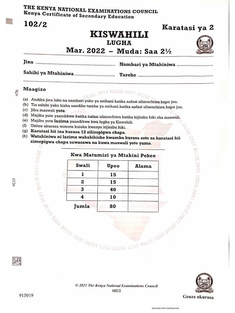 Kcse 2021 Kiswahili Paper 2 Qns | PDF