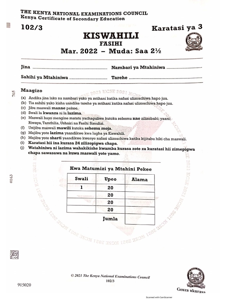 Kcse 2021 Kiswahili Paper 3 Questions | PDF
