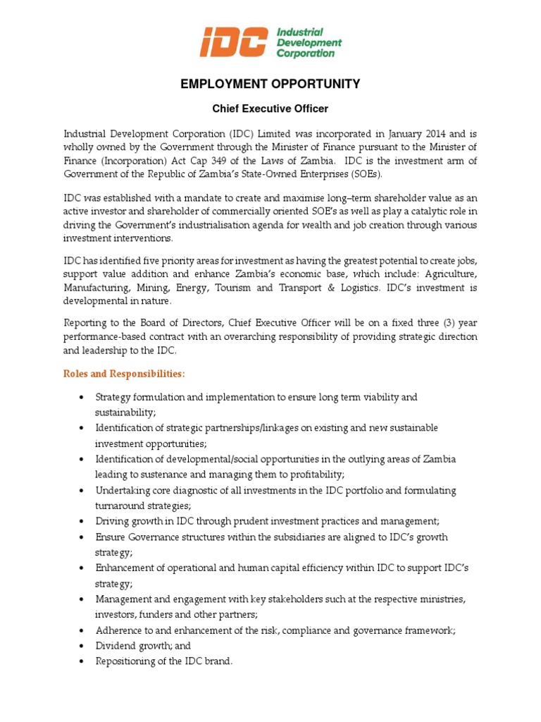 Job Advert CEO For IDC 29 August 2022 Print Media Final | PDF | Governance | Investing