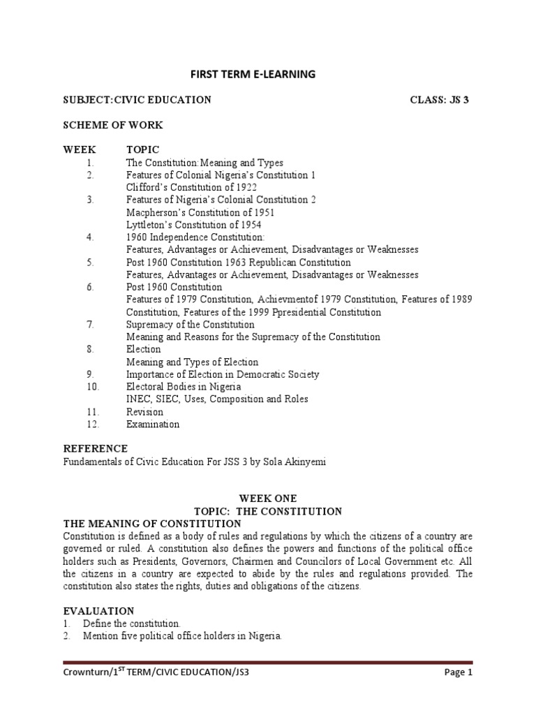 JSS3 Civic Education: Constitution Overview | PDF | Elections ...