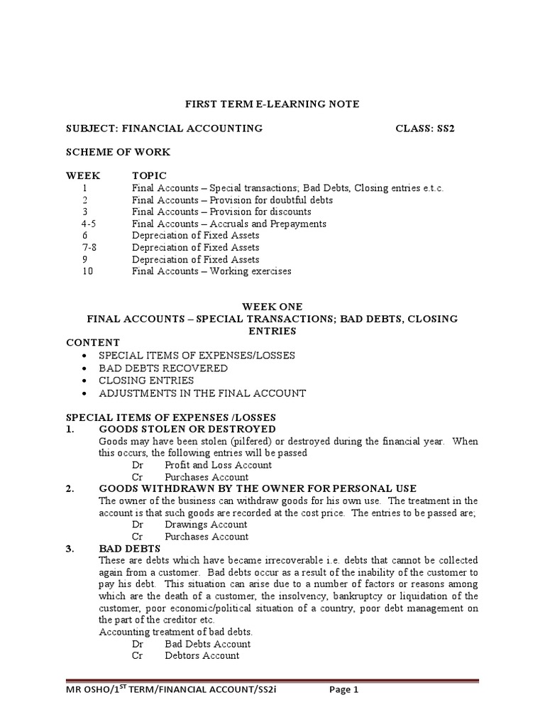 1st Term .Sss2 Financial Account | PDF | Depreciation | Debits And Credits