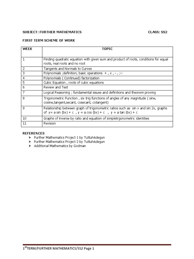SS2 First Term Further Mathematics Plan | PDF | Trigonometric Functions ...
