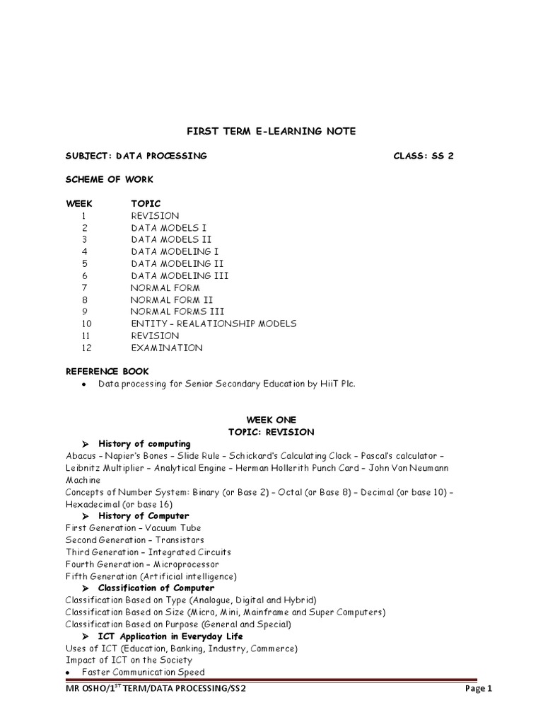1st Term Sss2 Data Processing Pdf Data Model Databases