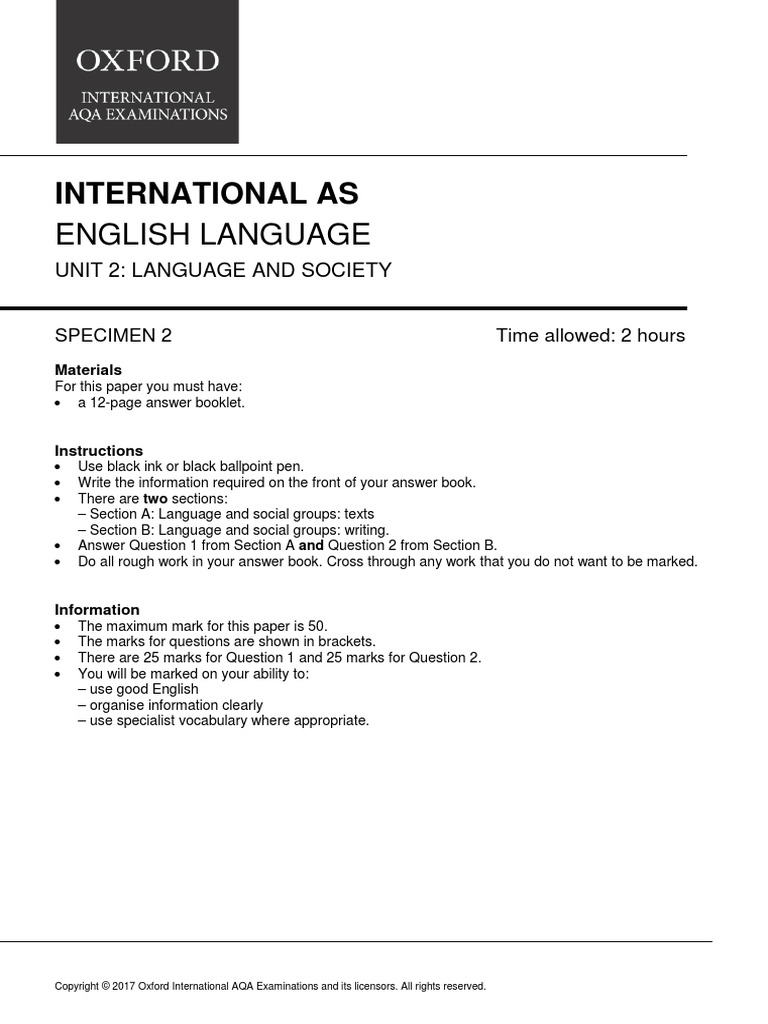 9670 International As English Language Unit 2 Language and Society Specimen 2 Question Paper v1 ...