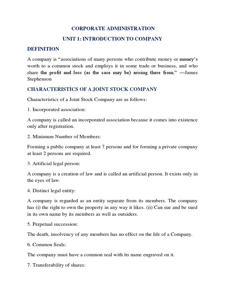 Corporate Administration Notes For Unit 1 | PDF | Joint Stock Company ...