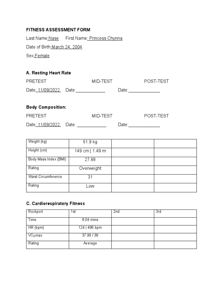 Fitness Assessment Form | PDF Fitness Assessment Form | PDF