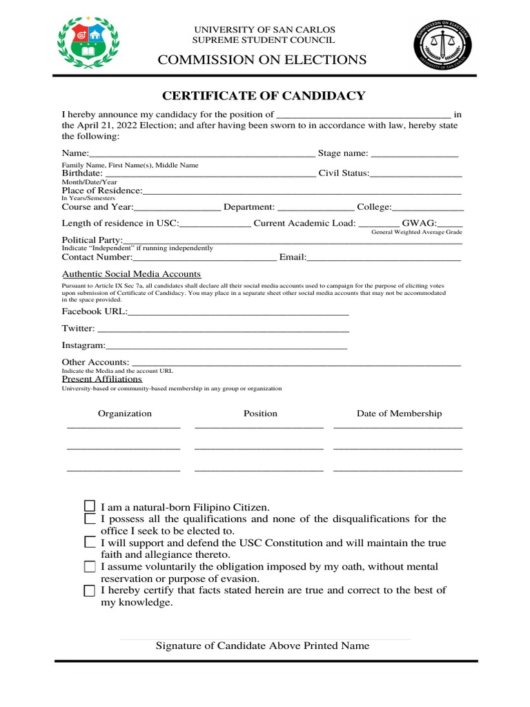 Certificate of Candidacy Form 2022 | PDF | Justice | Crime & Violence