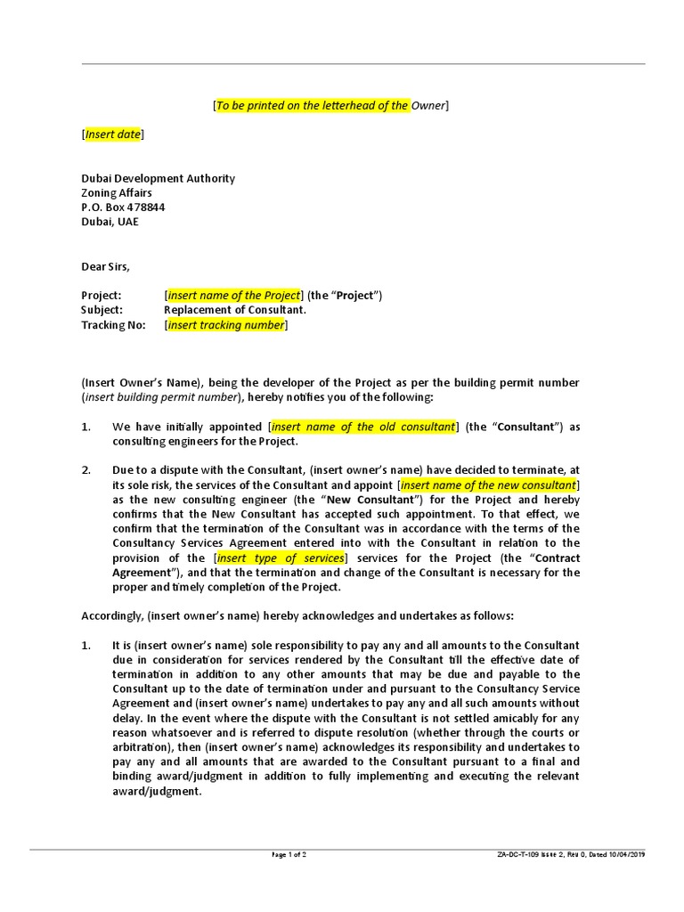 ZA DC T 109 Undertaking by Owner Replace Consultant Editable | PDF | Indemnity | Government