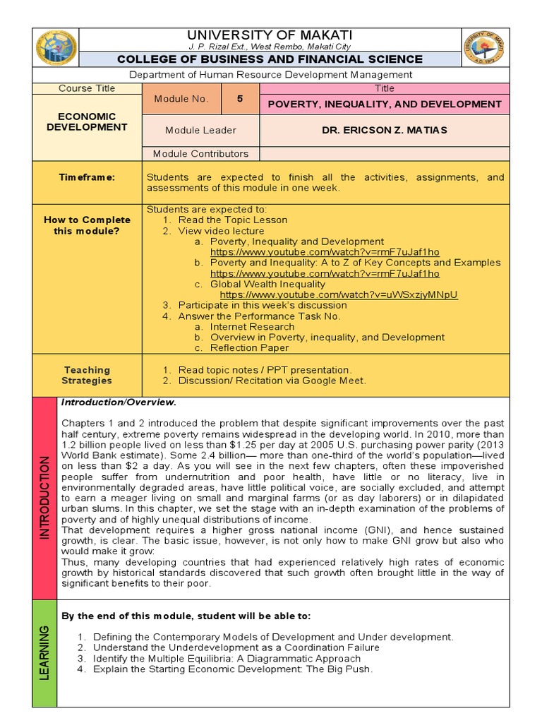 Module 5 Poverty Inequality And Development Pdf Economic Growth