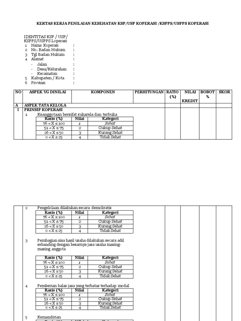 Kertas Kerja Penilaian Kesehatan KSP | PDF