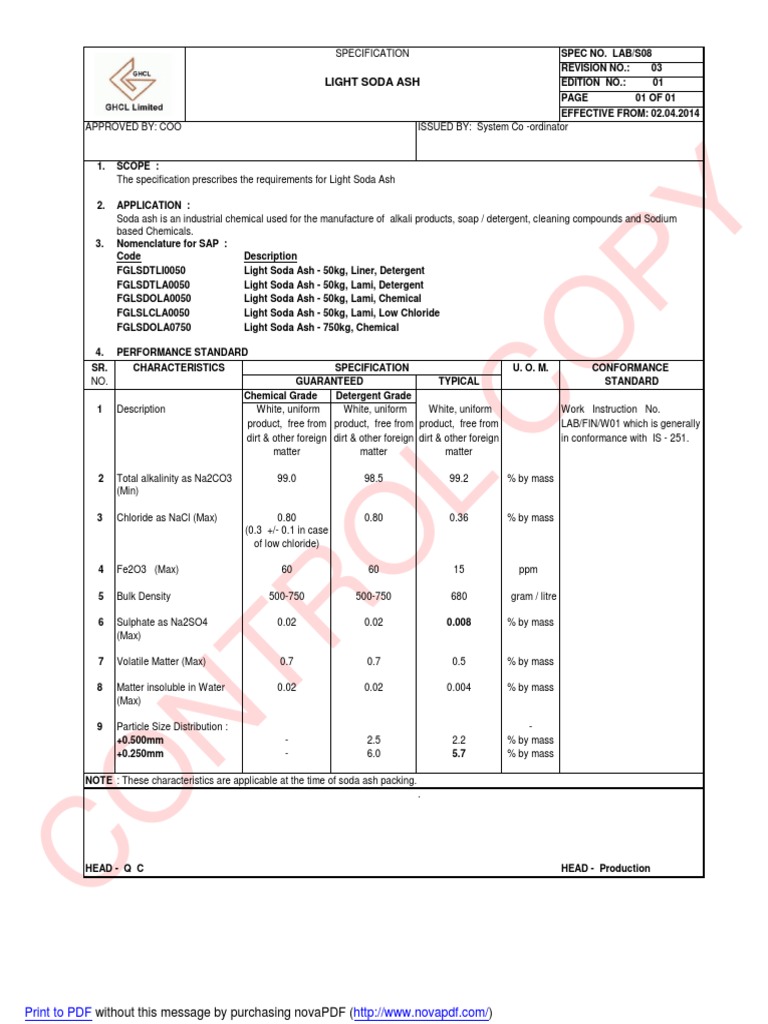 GHCL Labs08 - Lsa | PDF | Sodium Carbonate | Chemical Elements