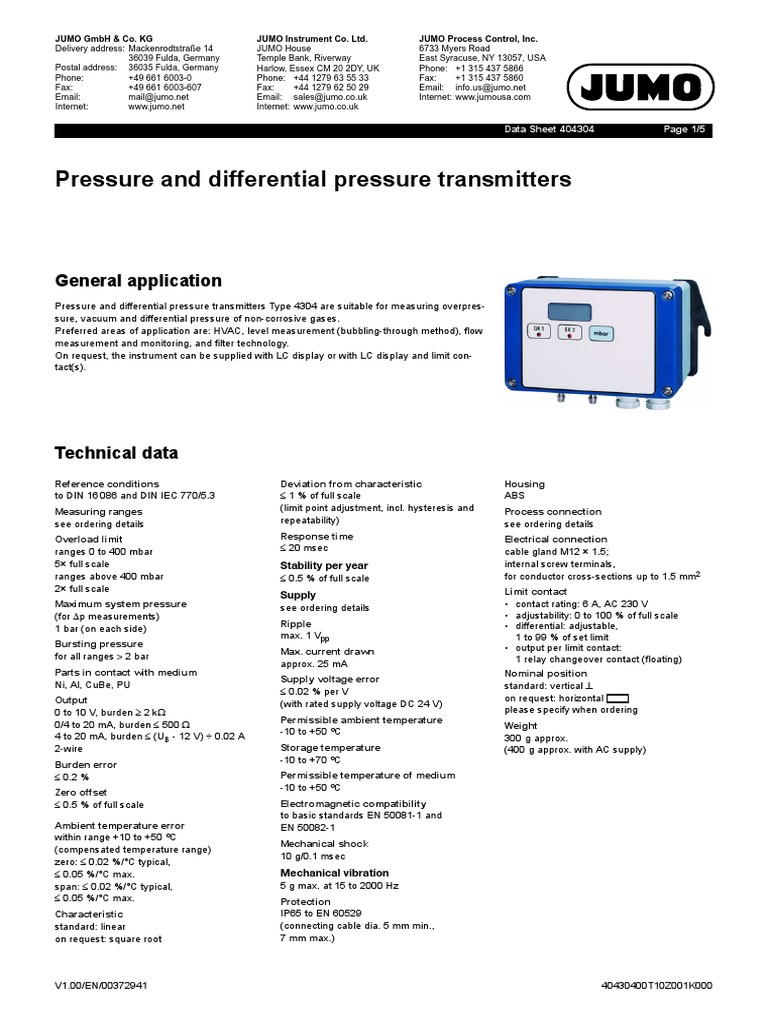 JUMO 404304 Pressure Transmitter Data Sheet | PDF | Alternating Current ...