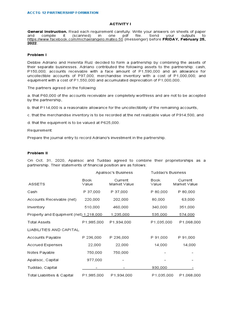 ACTIVITY 1 PARTNERSHIP | PDF | Balance Sheet | Partnership