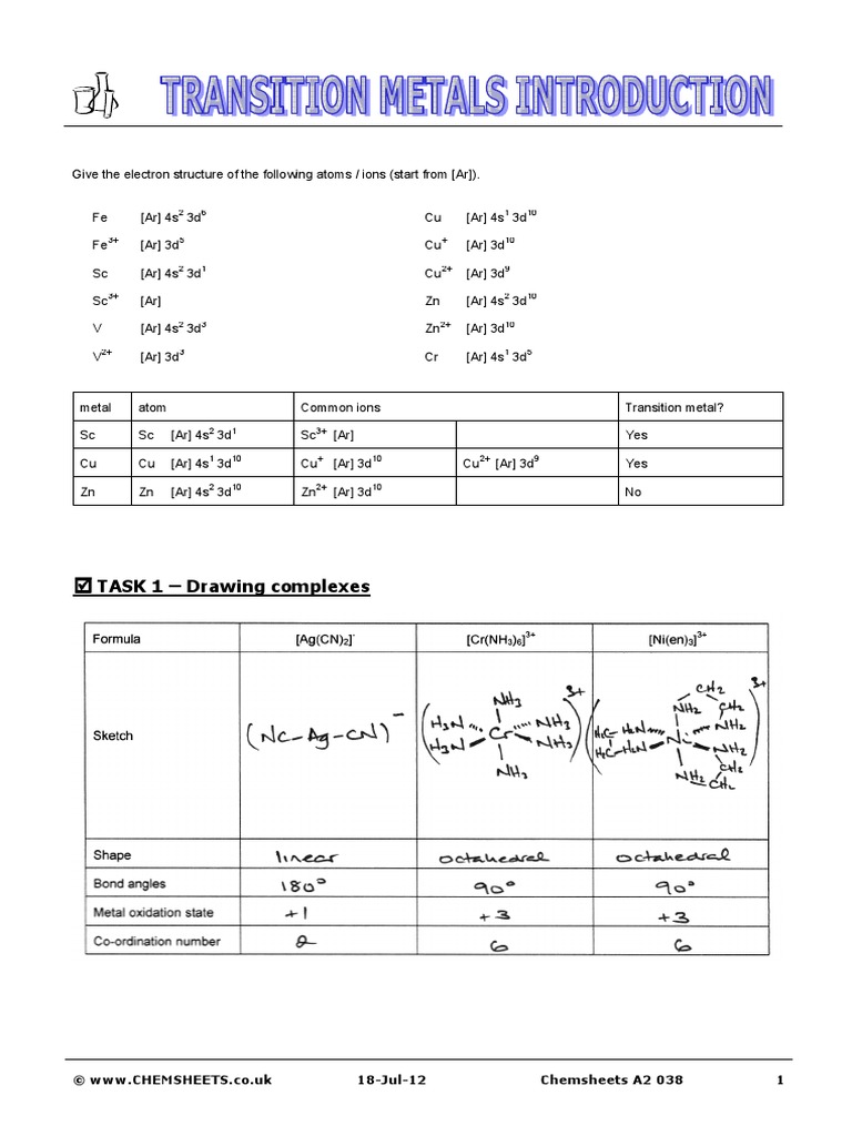 Chemsheets A2 038 Transition Metals Introduction Ans Xj75 | PDF