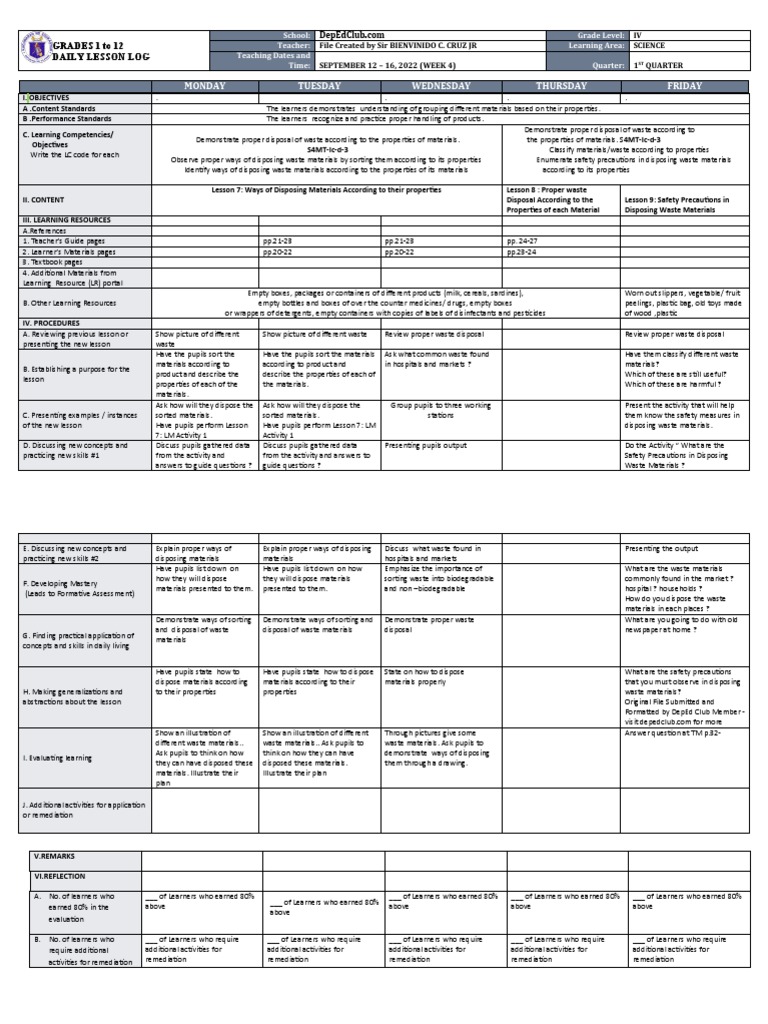 DLL - Science 4 - Q1 - W4 | PDF | Learning | Waste Management