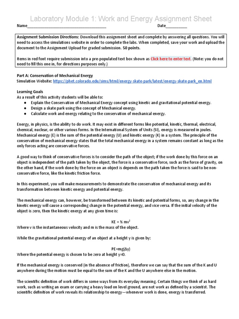 Work & Energy Lab Assignment | PDF | Force | Potential Energy