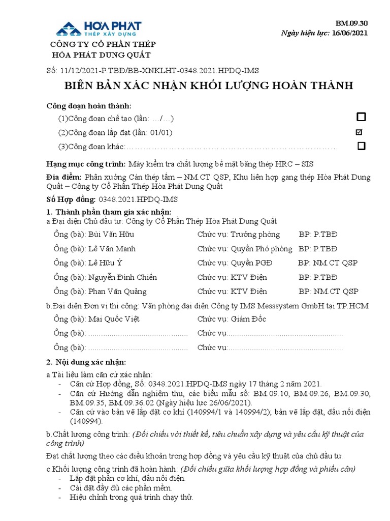 BM.09.30 BB Xac Nhan Khoi Luong Hoan Thanh May SIS - NM - CT QSP | PDF