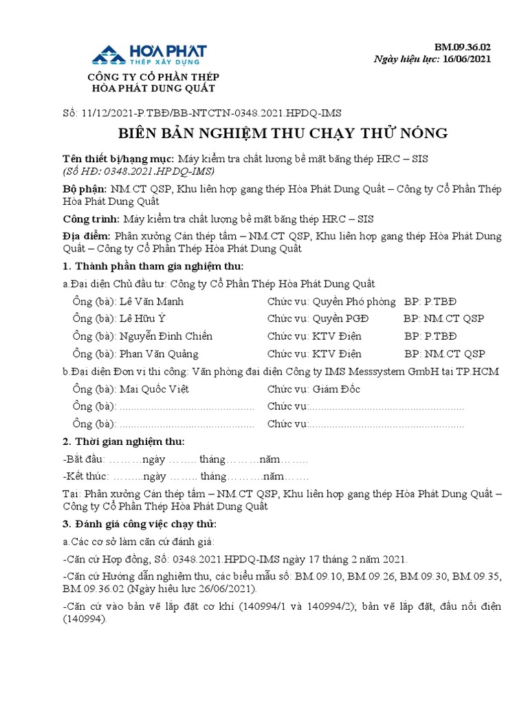 BM.09.36.02 BB Nghiem Thu Chay Thu Nong May SIS - NM - CT QSP | PDF