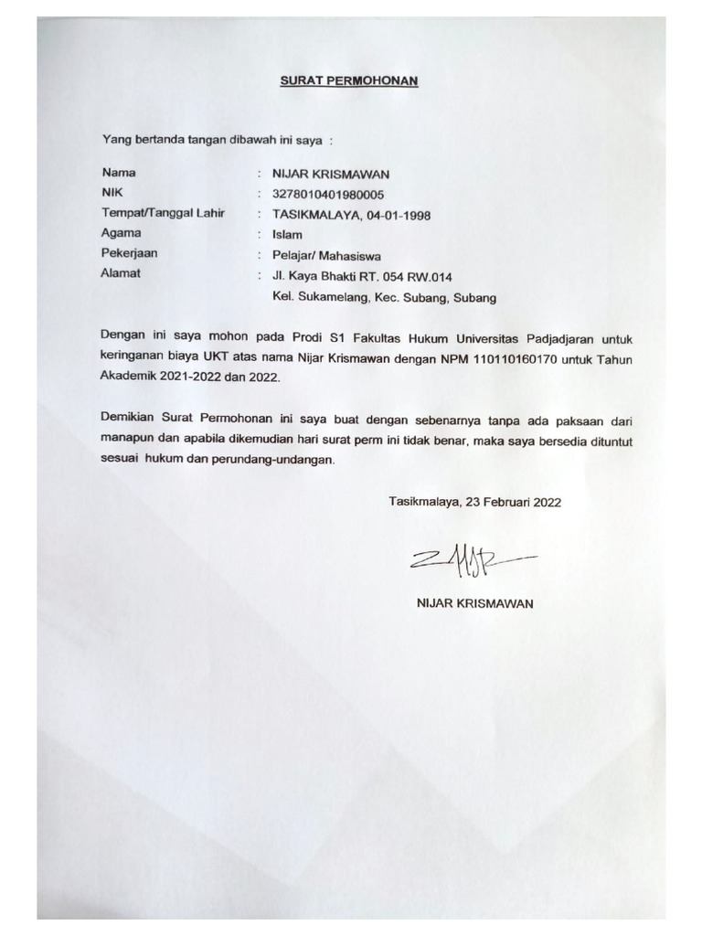 Surat Permohonan Keringanan Biaya Kuliah | PDF Surat Permohonan Keringanan Biaya Kuliah | PDF