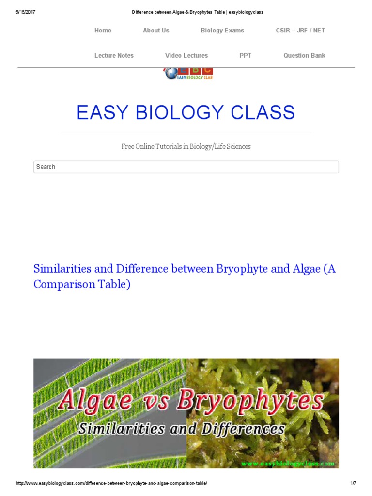 Difference Between Algae & Bryophytes Table - Easybiologyclass | PDF ...