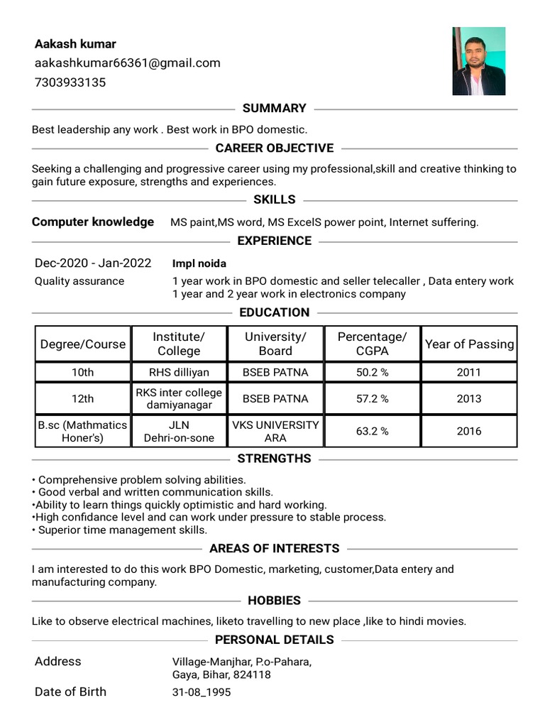 Resume Aakash Format3 | Download Free PDF | Outsourcing | Cognitive Psychology