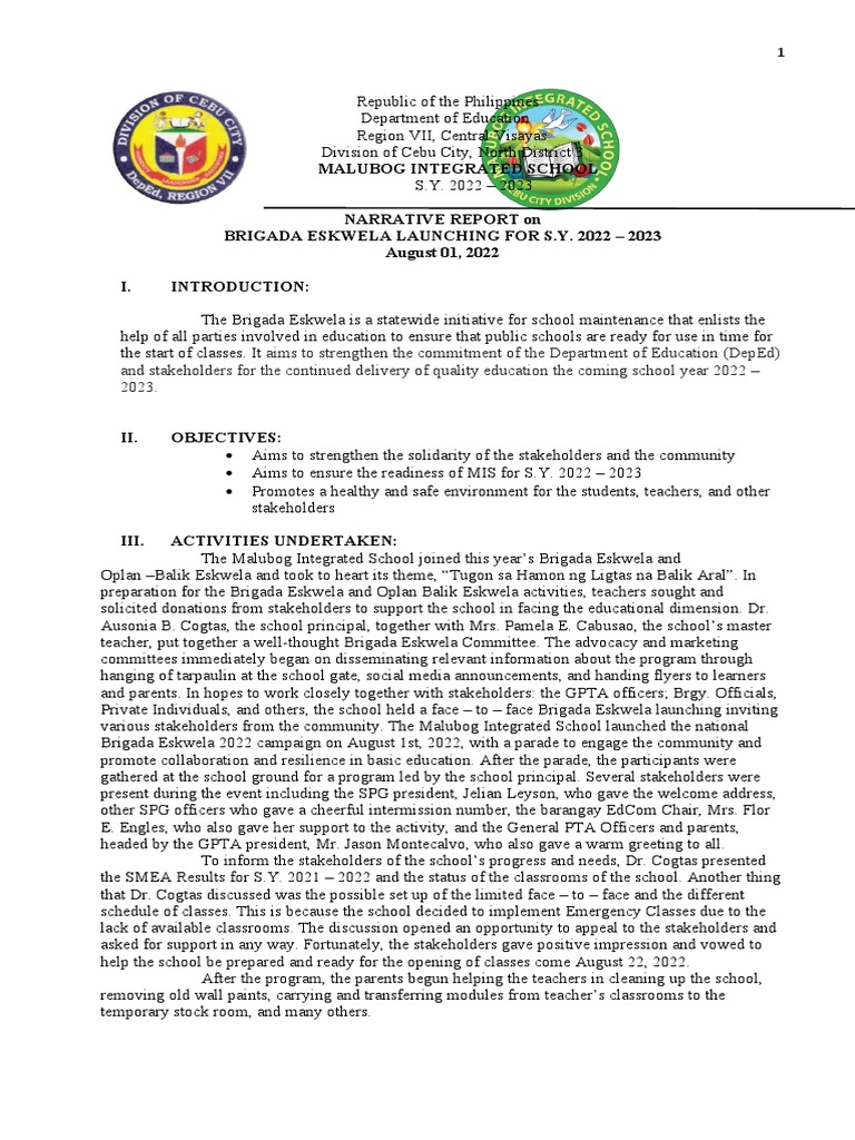 Brigada Eskwela Narrative Report | PDF | Learning | Communication