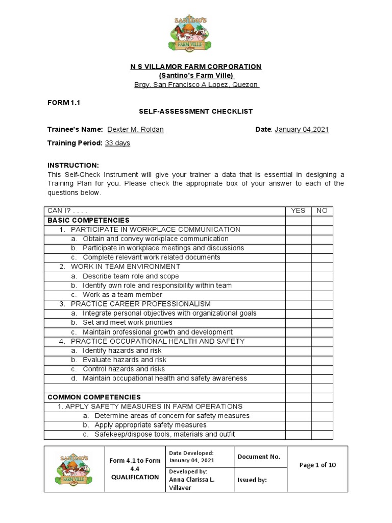 Self-Assessment Checklist for Dexter M. Roldan's Organic Farming ...