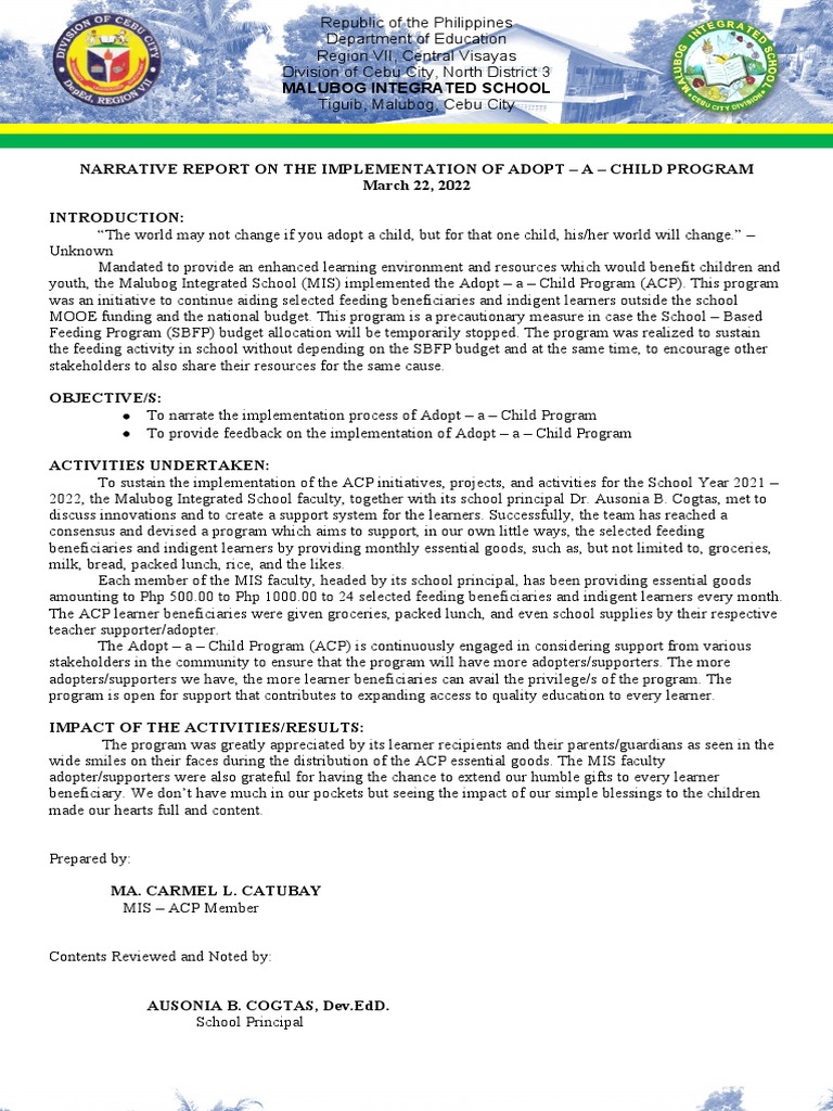 Malubog School's Adopt-a-Child Program Report | PDF