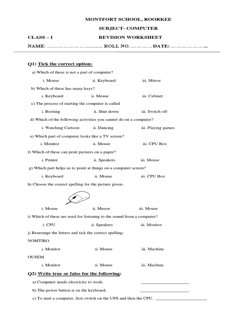 COMPUTEER REVISION WORKSHEET CLASS 1 (1) | PDF | Computer Keyboard ...