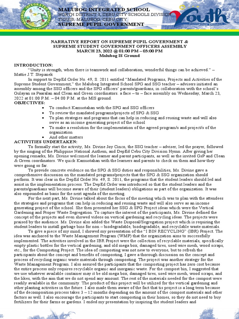 SPG-SSG ASSEMBLY NARRATIVE REPORT 2021 - 2022 | PDF | Waste Management ...