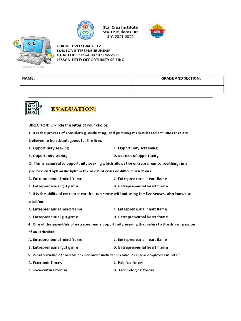 Entrep Evaluation Q2 Week 3 | PDF | Business