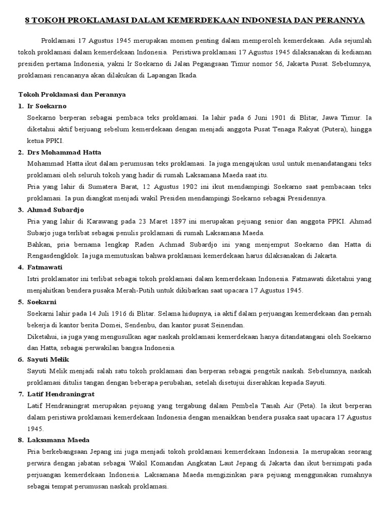 8 Tokoh Proklamasi Dalam Kemerdekaan Indonesia Dan Perannya | PDF