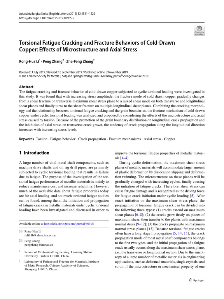 Torsional Fatigue Cracking and Fracture Behaviors of Cold-Drawn Copper ...