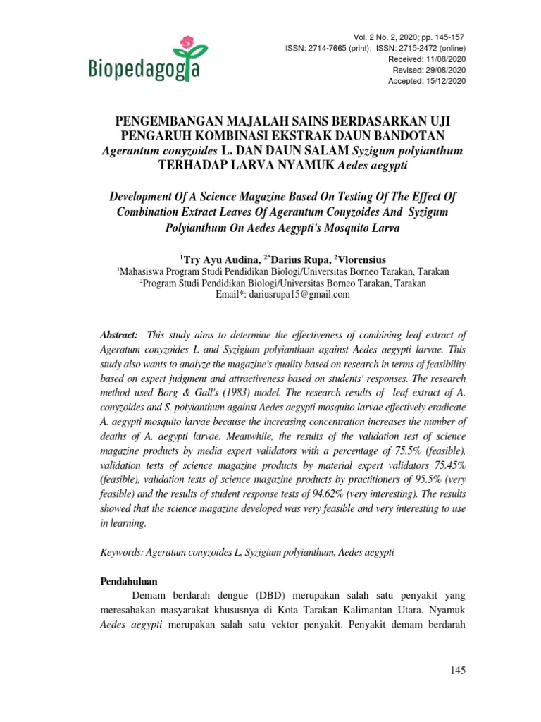 Kombinasi Ekstrak Daun Bandotan Dan Daun Salah Terhadap Larva Nyamuk | Download Free PDF ...