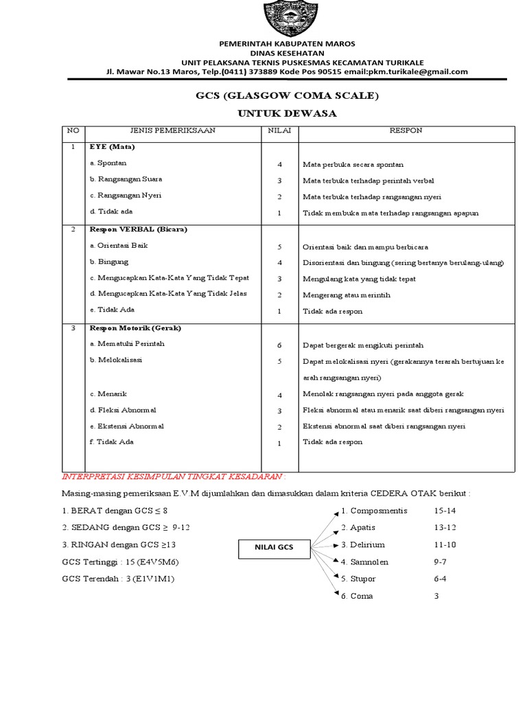 Gcs (Glasgow Coma Scale) Untuk Dewasa | PDF