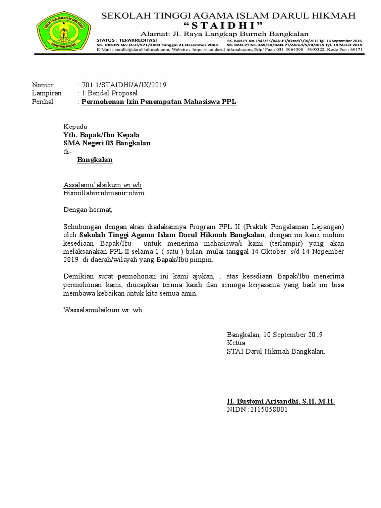 Surat Permohonan PKL 2019 | PDF