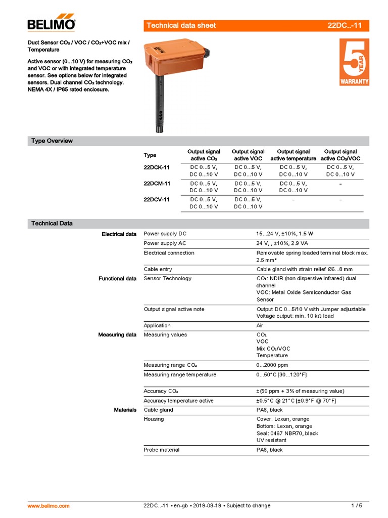 Technical Data Sheet for the 22DC..-11 Duct Sensor for Measuring CO2 ...