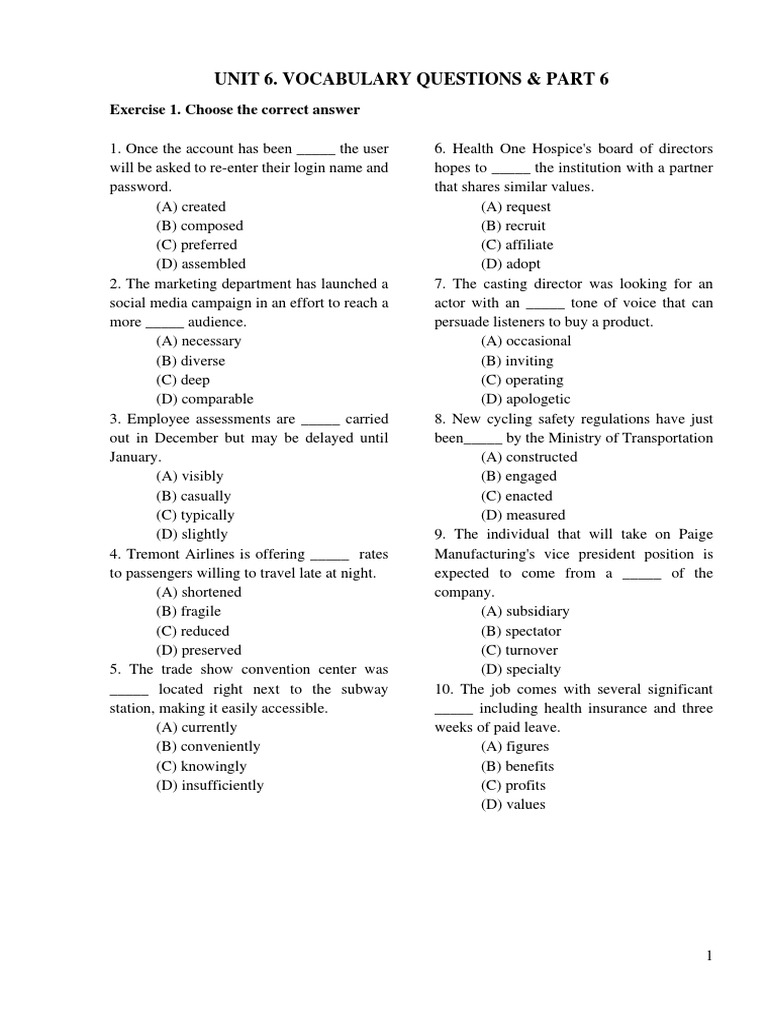 Reading - Unit 6. Vocabulary Questions & Part 6 | PDF | Menu | Internet Access