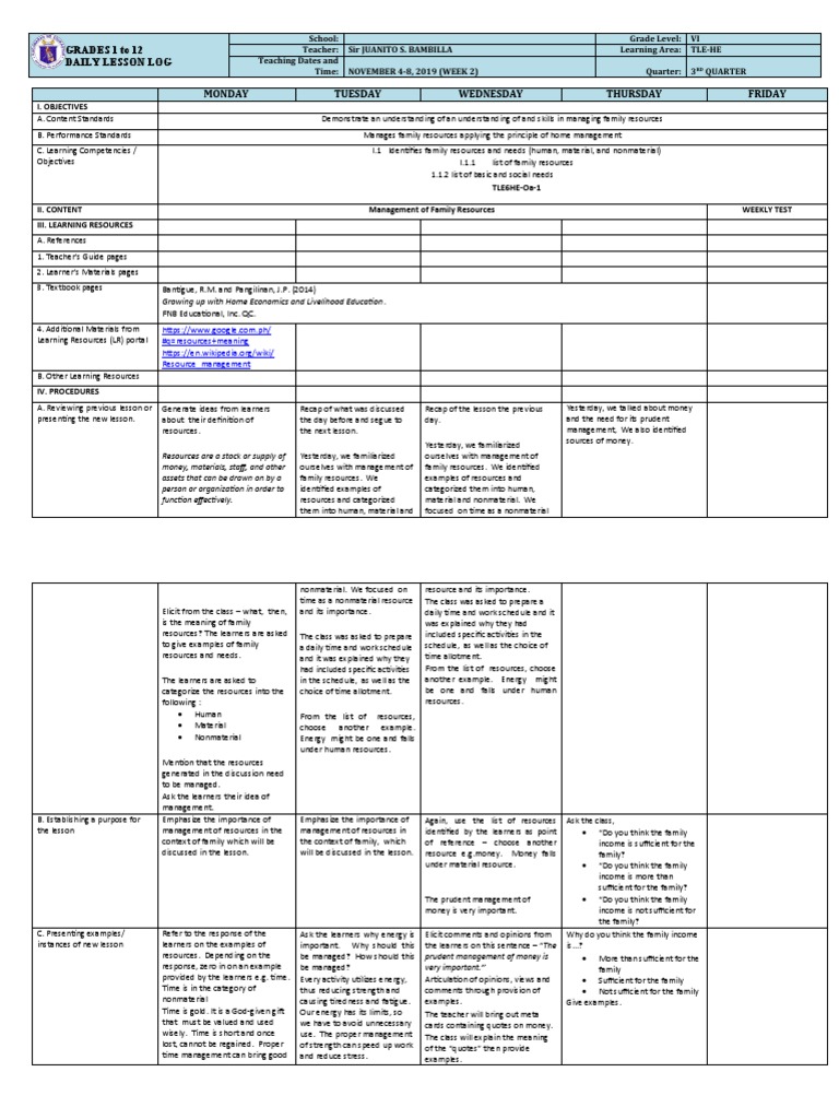 Tle-He 6 - Q3 - W2 DLL | PDF | Learning | Money