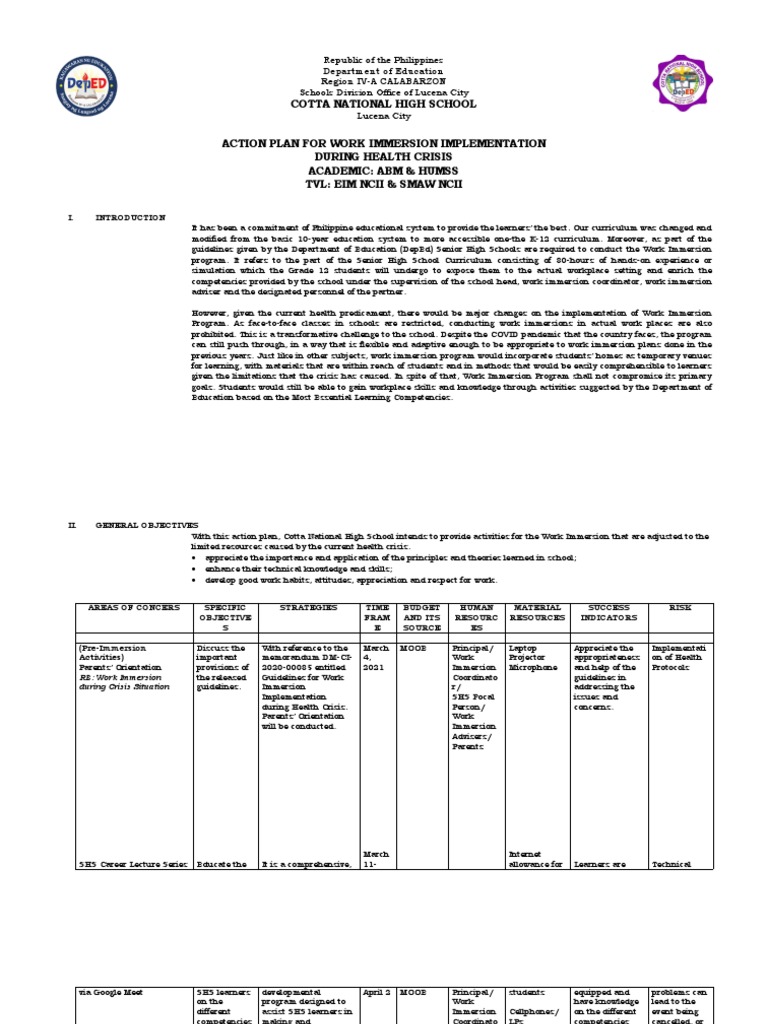 Work Immersion Action Plan 2020-2021 | PDF | Learning | Vocational Education