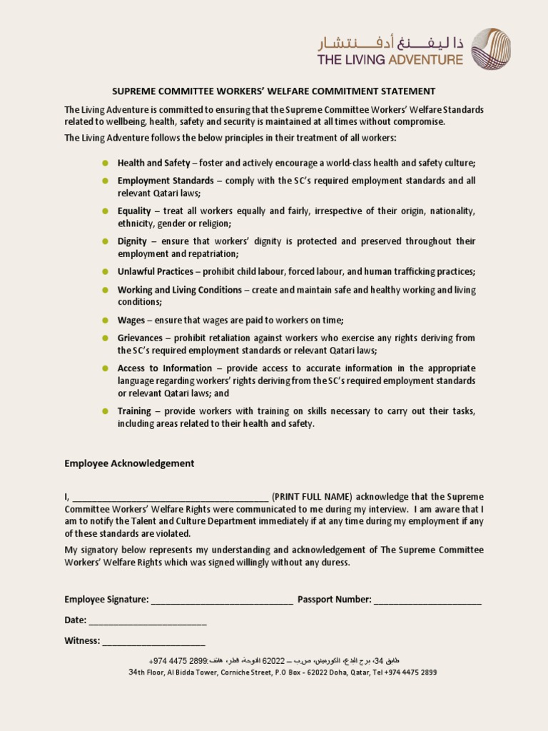 Supreme Committee Workers' Welfare Statement | PDF | Employment ...