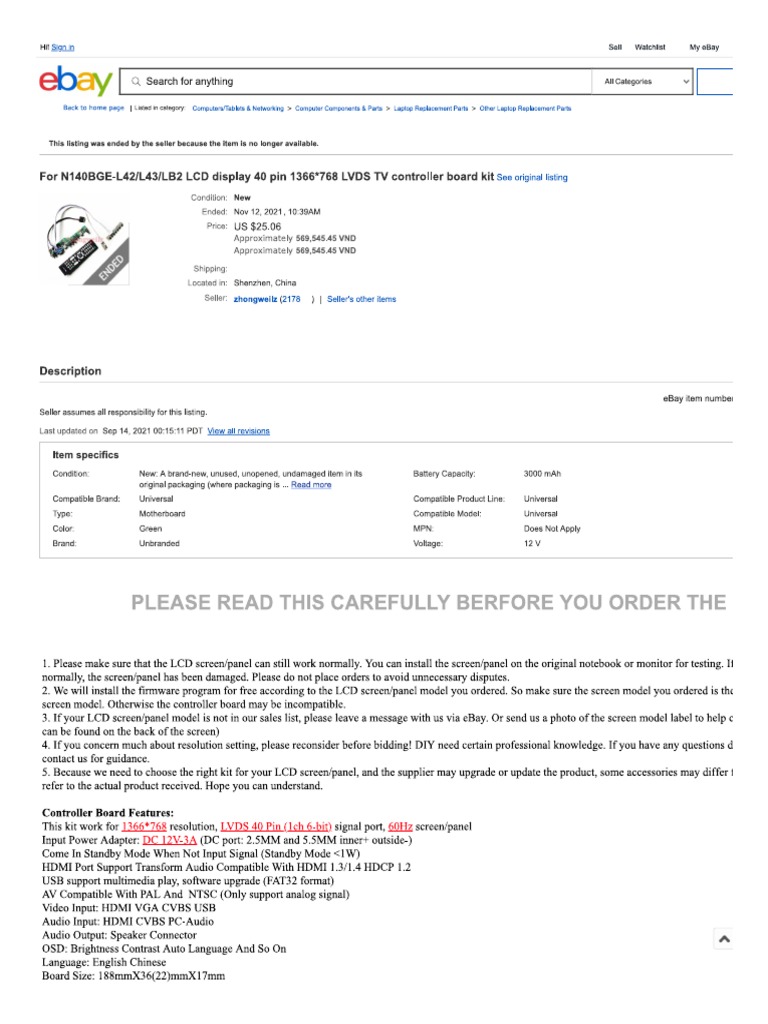 TV53-03 For N140BGE-L42 - L43 - LB2 LCD Display 40 ... 68 LVDS TV Controller Board Kit - Ebay | PDF