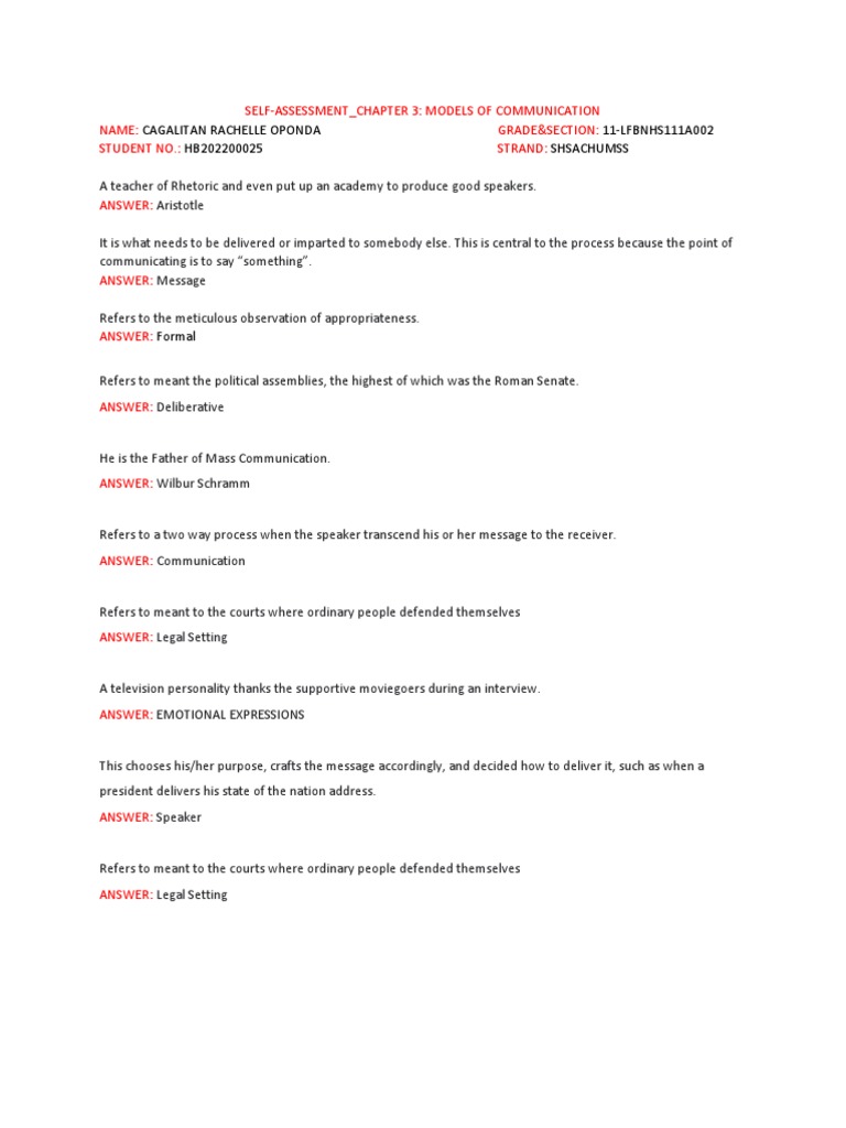 Self-Assessment - Chapter 3 Models of Communication | PDF | Politics