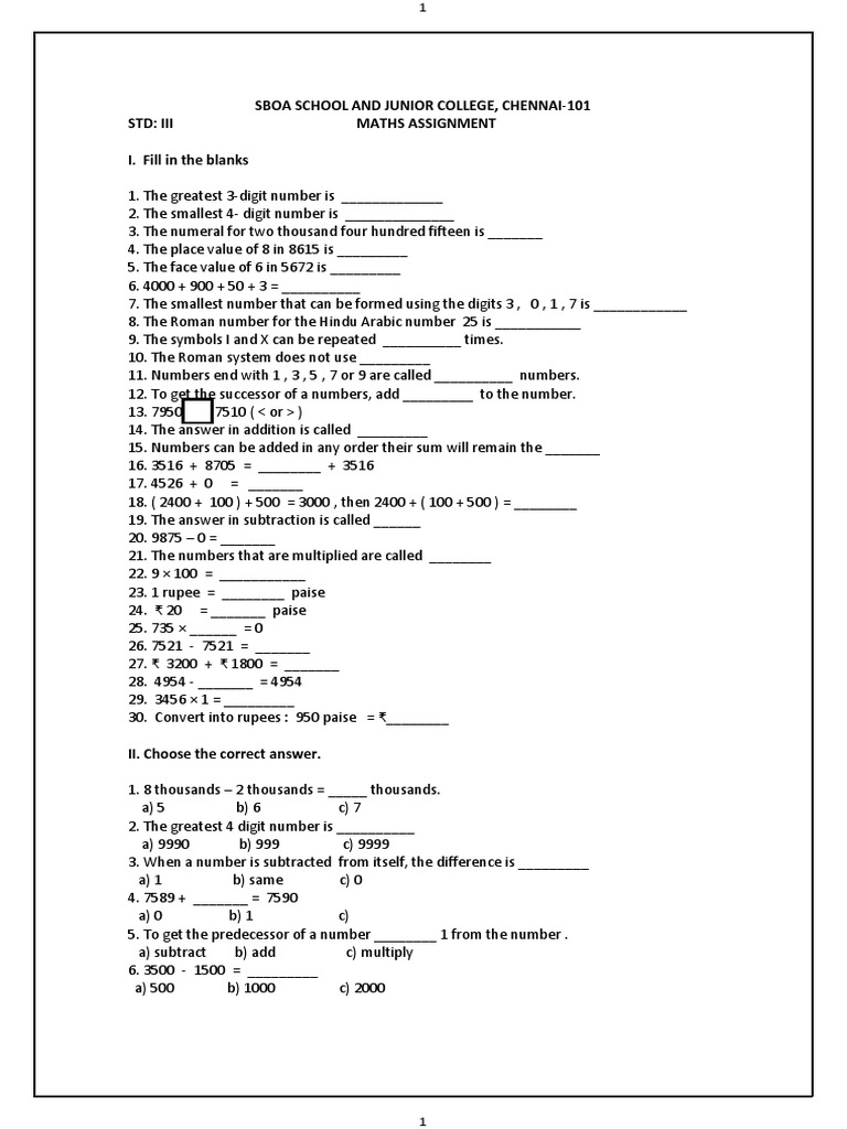 STD 3 Maths Assignment 2022-2023 | PDF | Multiplication | Numbers