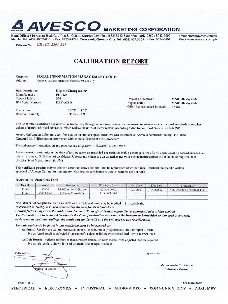 Avesco Calibration Certificate - March 2022 | PDF