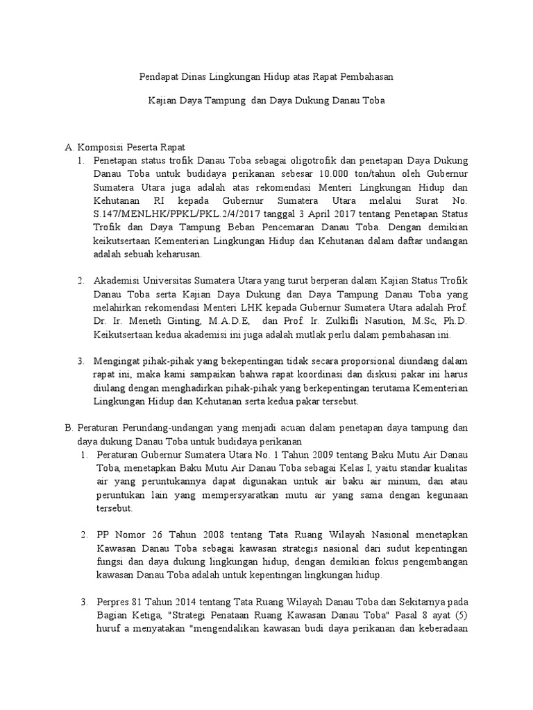 Pendapat Dinas Lingkungan Hidup Atas Rapat Pembahasan Kajian Daya Tampung Dan Daya Dukung Danau ...