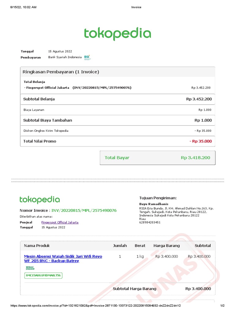 Invoice Pembelian Mesin Absensi Tokopedia | PDF