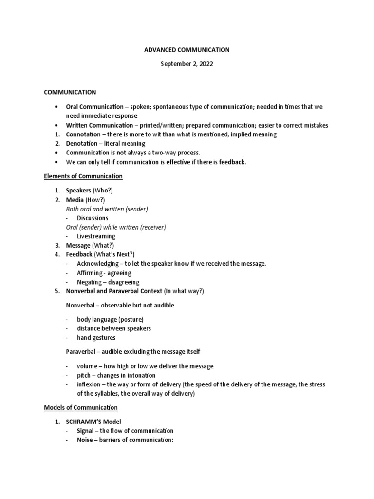 Advanced Communication Notes | PDF | Communication | Nonverbal ...