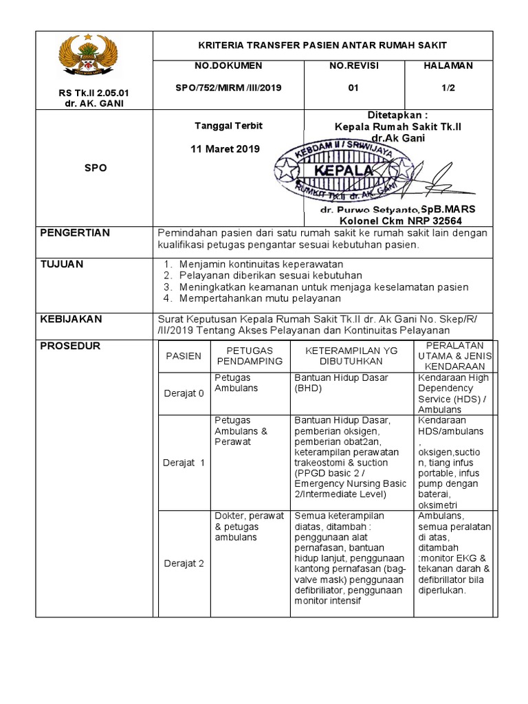 Kriteria Transfer Pasien Antar Rumah Sakit | PDF