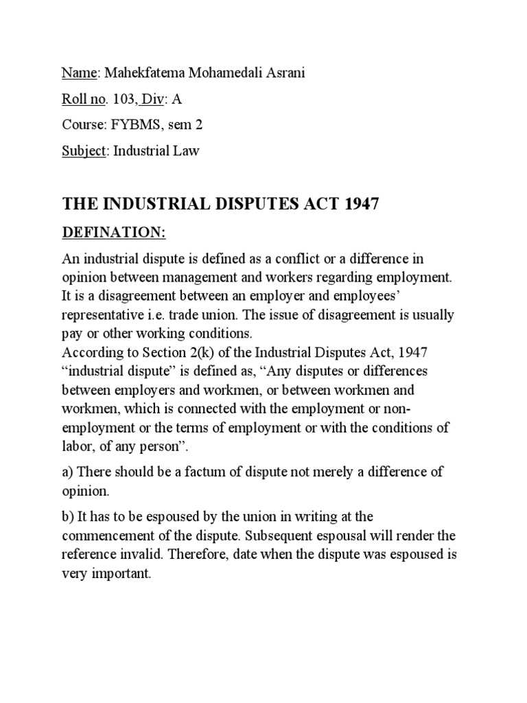 Overview of the Industrial Disputes Act 1947 | PDF | Tribunal | Strike ...